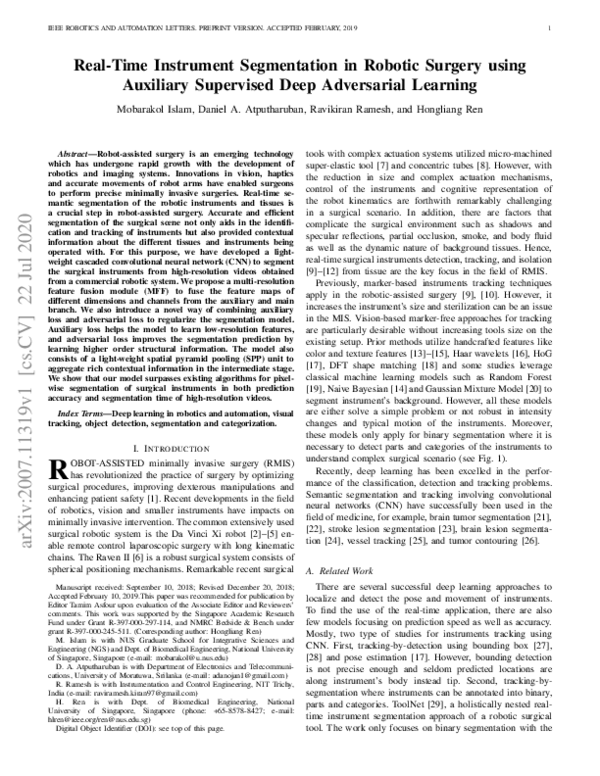 Pdf Real Time Instrument Segmentation In Robotic Surgery Using Auxiliary Supervised Deep