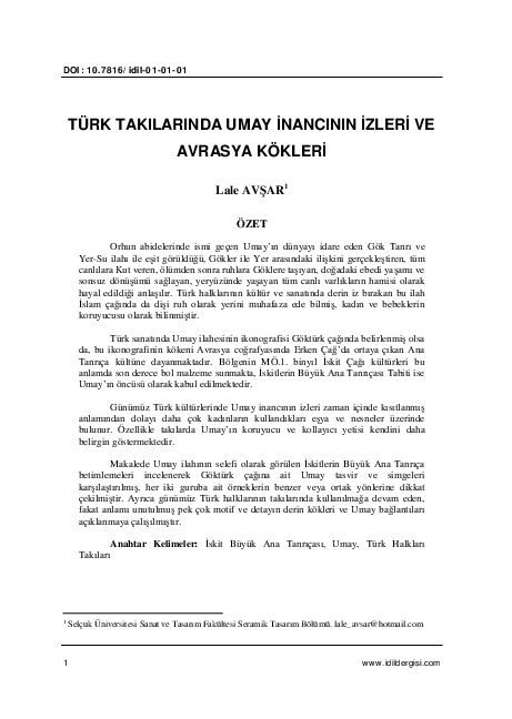 (PDF) Türk Takilarinda Umay İnancinin İzleri̇ Ve Avrasya Kökleri̇