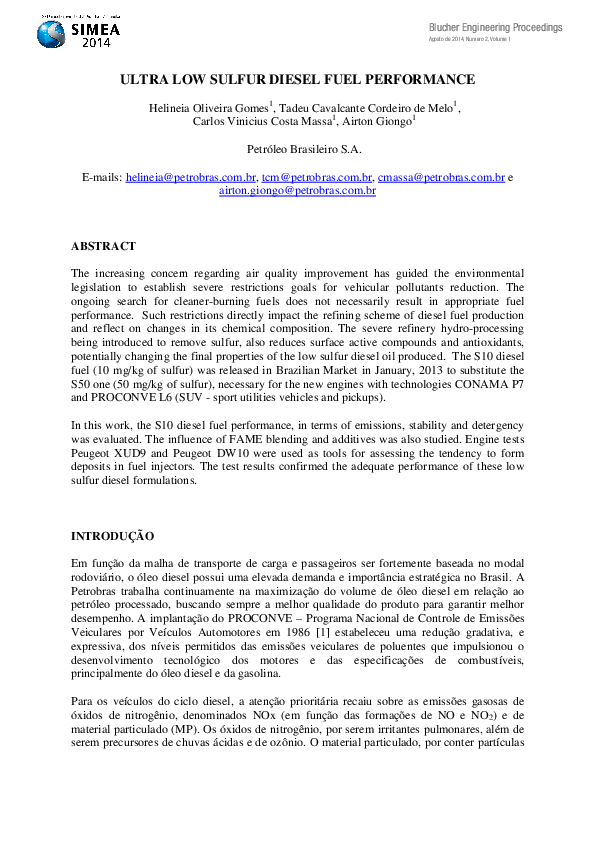 (PDF) Ultra Low Sulfur Diesel Fuel Performance | Carlos Vinicius Massa ...