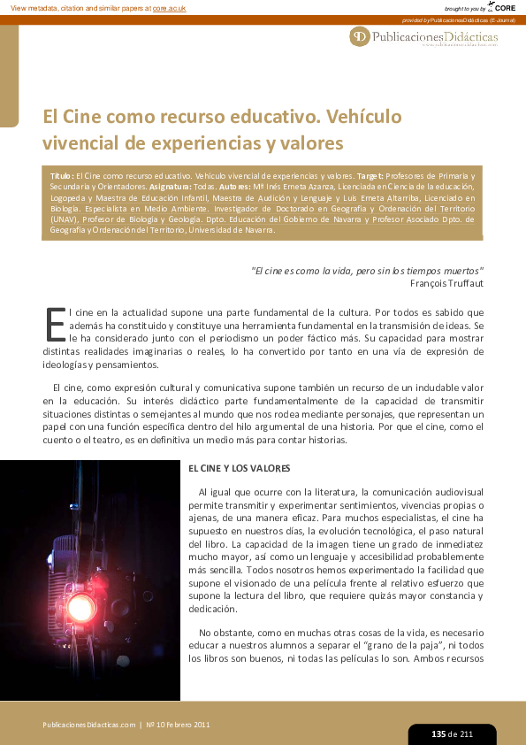 (PDF) El Cine como recurso educativo. Vehículo vivencial de experiencias y valores