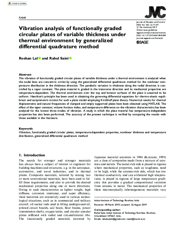 Pdf Vibration Analysis Of Functionally Graded Circular Plates Of Variable Thickness Under