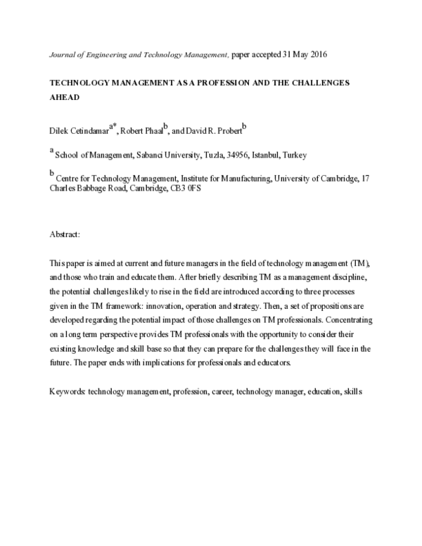 (PDF) Technology management as a profession and the challenges ahead
