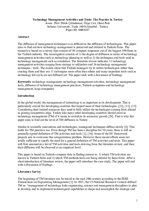 (PDF) Technology Management Activities and Tools: The Practice in Turkey
