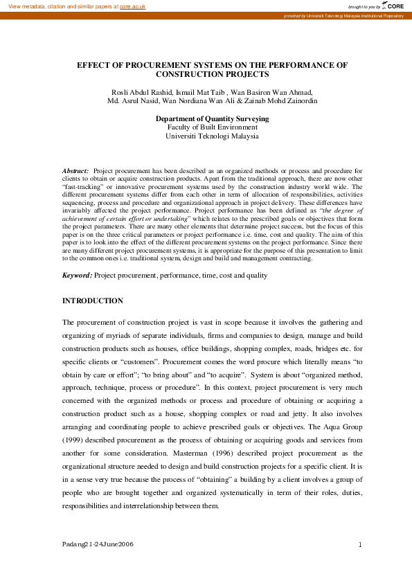 (PDF) Effect of procurement systems on the performance of construction projects
