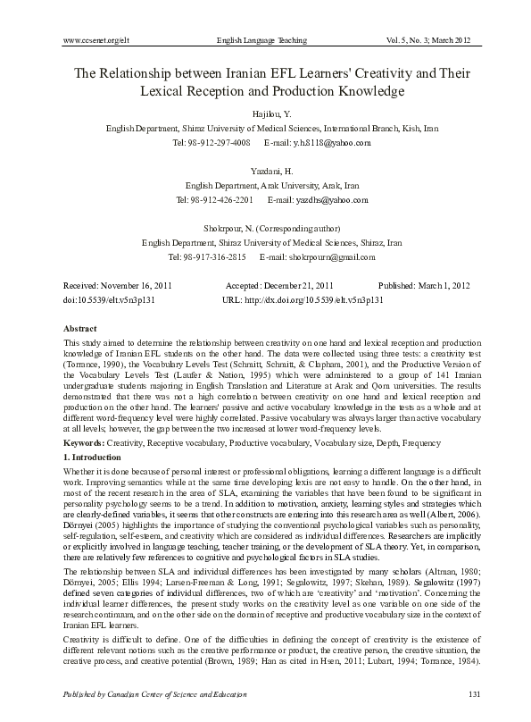 (PDF) The Relationship between Iranian EFL Learners' Creativity and Their Lexical Reception and ...
