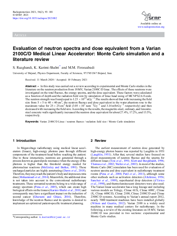 (PDF) Evaluation of neutron spectra and dose equivalent from a Varian 2100C/D Medical Linear ...