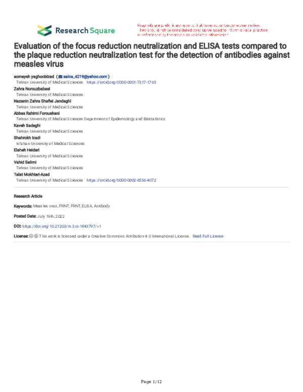 (PDF) Evaluation of the focus reduction neutralization and ELISA tests ...