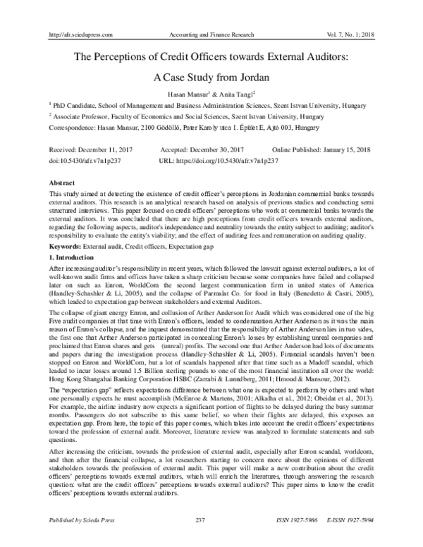 (PDF) The Perceptions of Credit Officers towards External Auditors: A Case Study from Jordan
