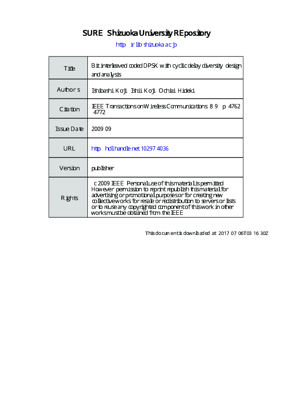 Pdf Bit Interleaved Coded Dpsk With Cyclic Delay Diversity Design