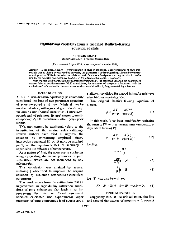 (PDF) Equilibrium constants from a modified Redlich-Kwong equation of state