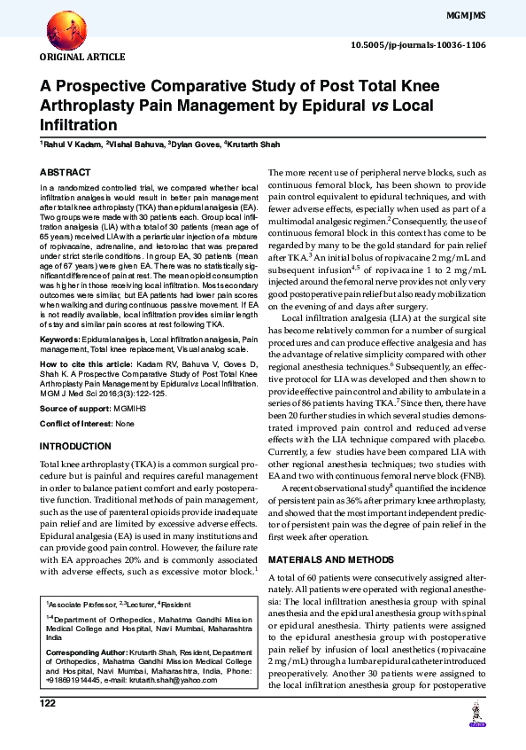 (PDF) A Prospective Comparative Study of Post Total Knee Arthroplasty ...