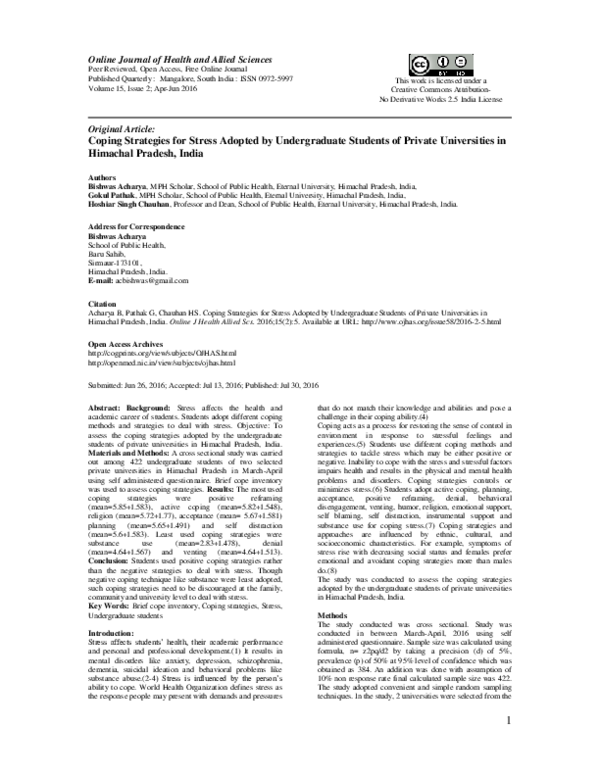 (PDF) Original Article: Coping Strategies for Stress Adopted by Undergraduate Students of ...