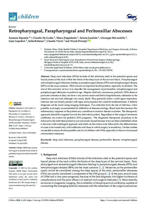 (PDF) Retropharyngeal, Parapharyngeal and Peritonsillar Abscesses