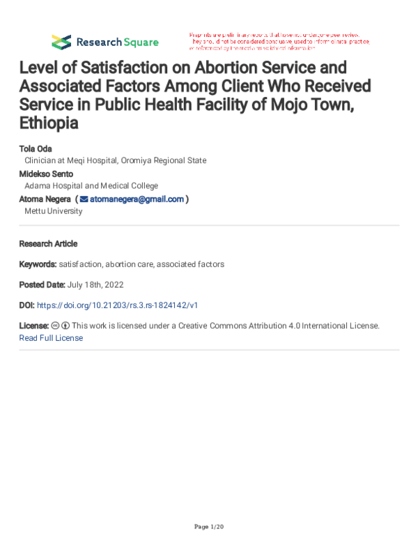 (PDF) Satisfaction with Abortion Services in Ethiopia