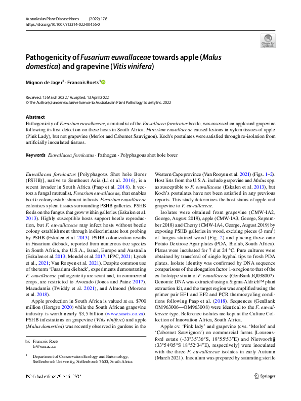 (PDF) Pathogenicity of Fusarium euwallaceae towards apple (Malus ...