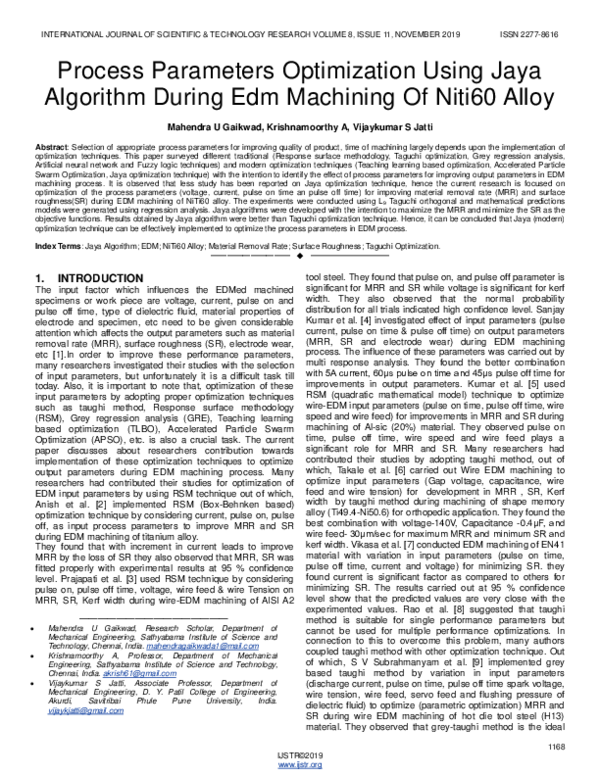 Pdf Process Parameters Optimization Using Jaya Algorithm During Edm