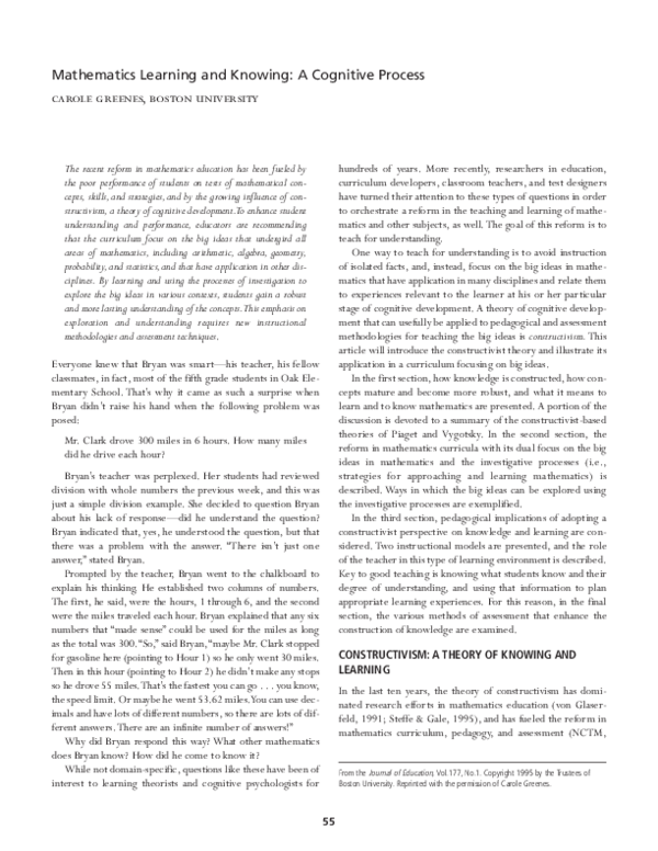 (PDF) Mathematics Learning and Knowing: A Cognitive Process