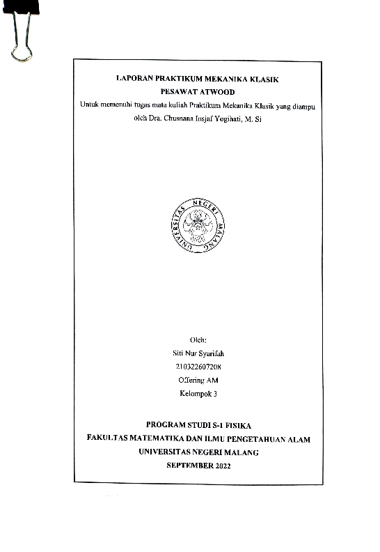 (PDF) Laporan Praktikum Pesawat Atwood Universitas Negeri Malang