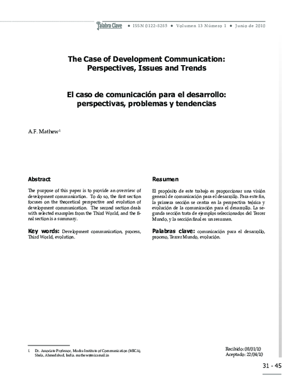 (PDF) The Case of Development Communication: Perspectives, Issues and ...