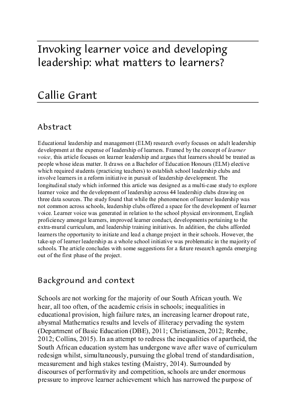 (PDF) Invoking learner voice and developing leadership: what matters to ...
