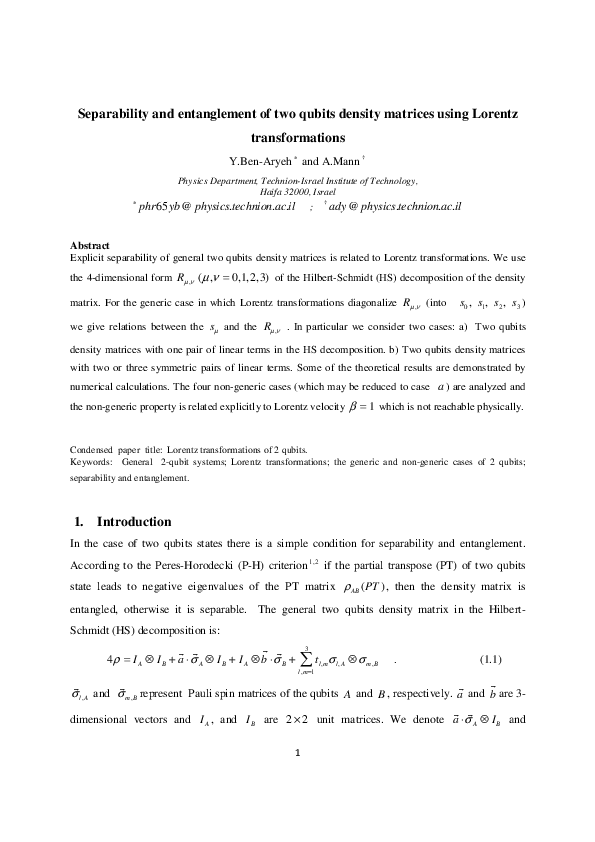 (PDF) Separability and entanglement of two qubits density matrices using Lorentz transformations