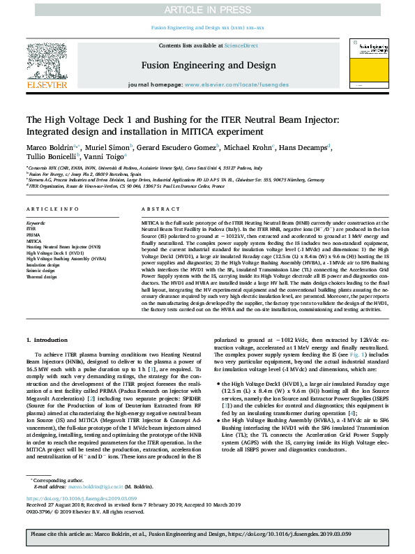 (PDF) The High Voltage Deck 1 and Bushing for the ITER Neutral Beam ...