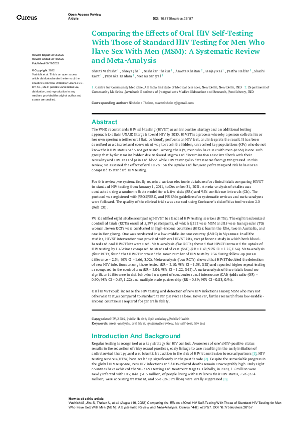 Pdf Comparing The Effects Of Oral Hiv Self Testing With Those Of Standard Hiv Testing For Men