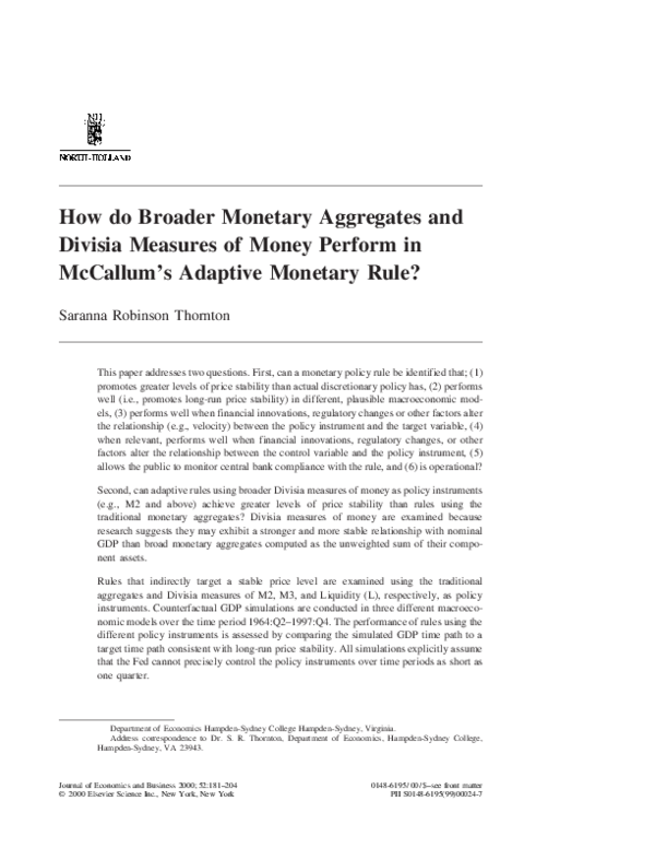 (PDF) How do broader monetary aggregates and divisia measures of money ...