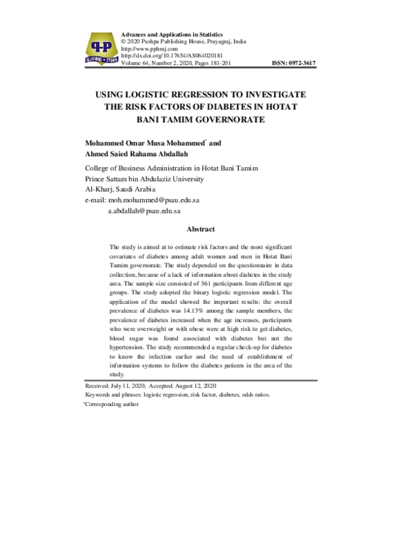 (PDF) USING LOGISTIC REGRESSION TO INVESTIGATE THE RISK FACTORS OF ...