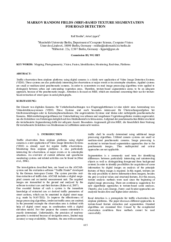 Pdf Markov Random Fields Mrf Based Texture Segmentation For Road Detection R Reulke