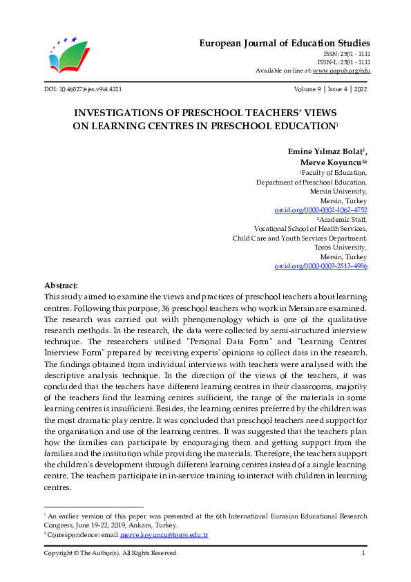 (PDF) Investigations of Preschool Teachers’ Views on Learning Centres ...
