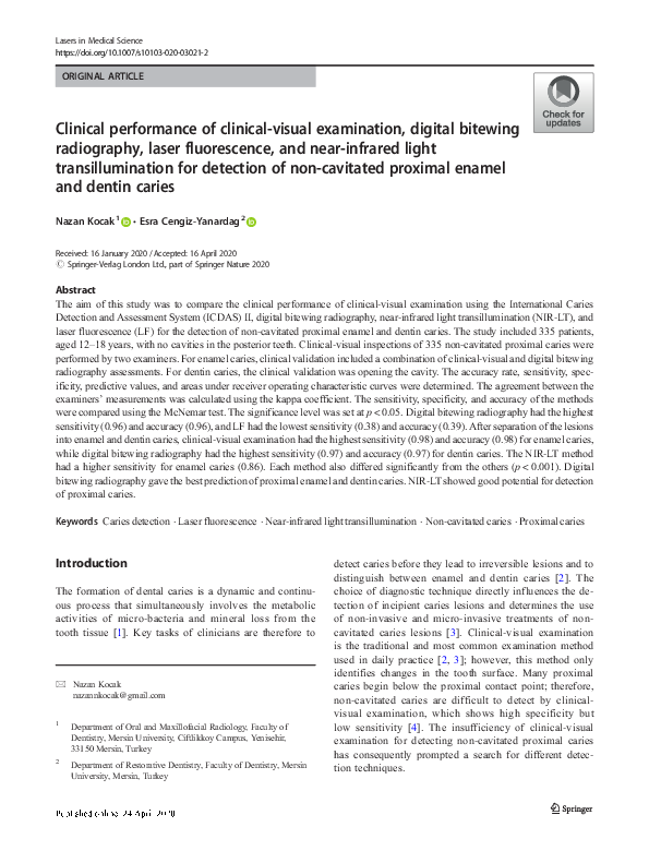 Pdf Clinical Performance Of Clinical Visual Examination Digital Bitewing Radiography Laser