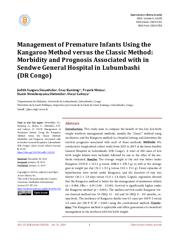 (PDF) Management of Premature Infants Using the Kangaroo Method versus ...