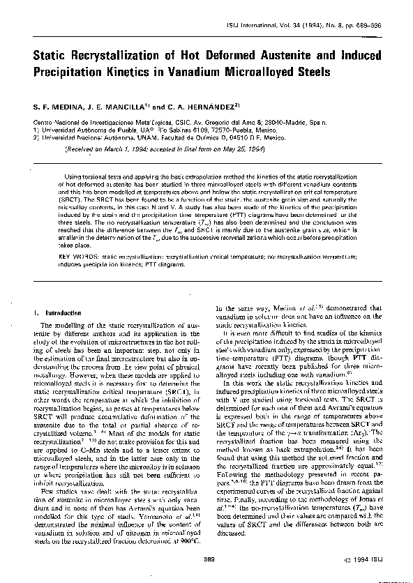 Pdf Static Recrystallization Of Hot Deformed Austenite And Induced Precipitation Kinetics In