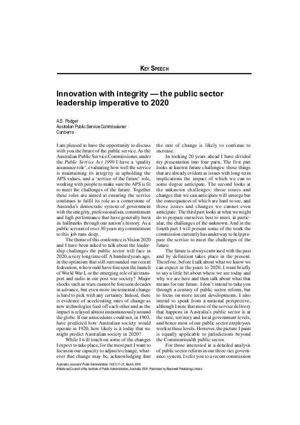 (PDF) Innovation with Integrity-The Public Sector Leadership Imperative ...