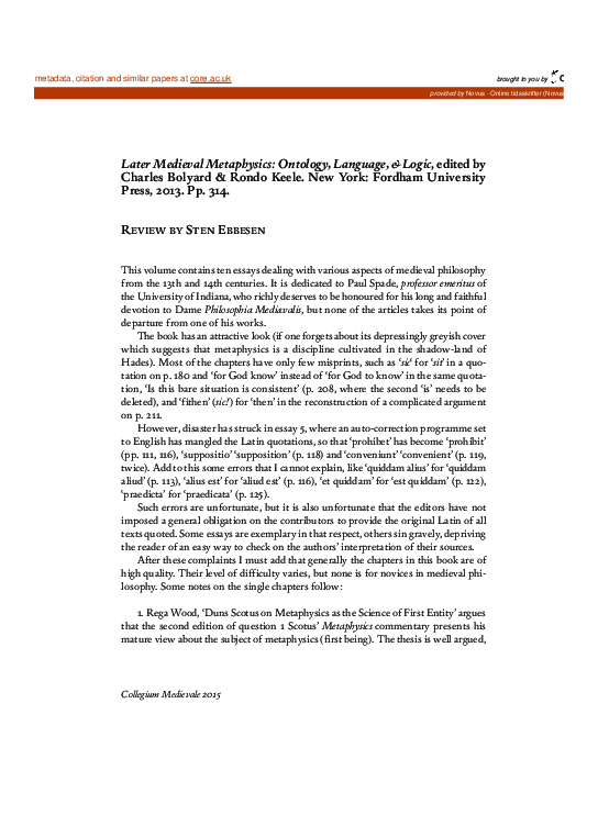 (PDF) Later Medieval Metaphysics: Ontology, Language, & Logic, edited ...