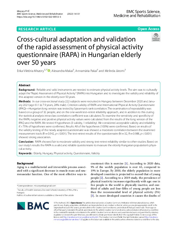Pdf Cross Cultural Adaptation And Validation Of The Rapid Assessment Of Physical Activity