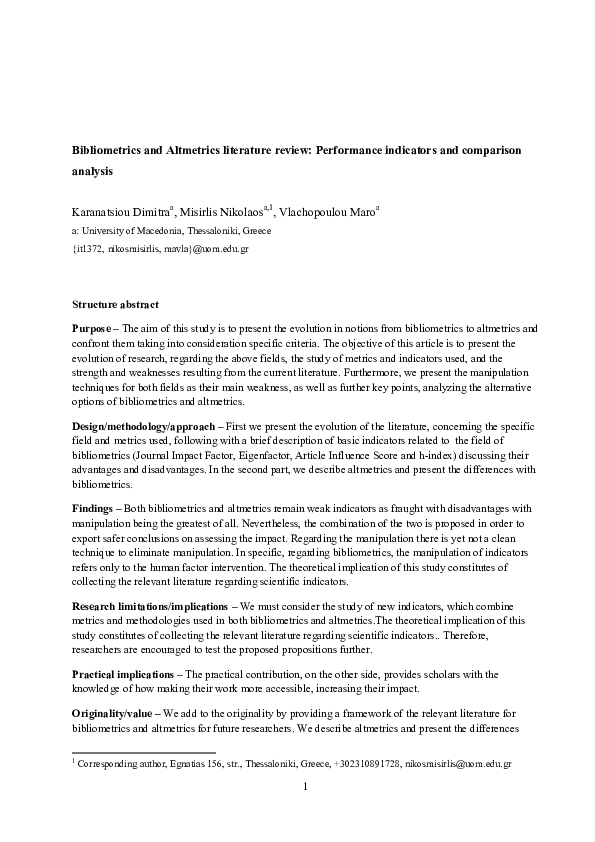 (PDF) Bibliometrics and altmetrics literature review