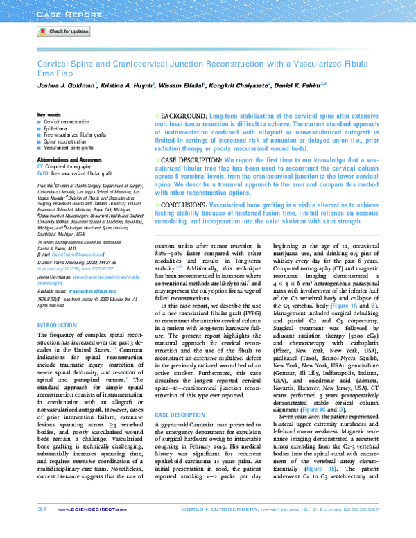 (PDF) Cervical Spine and Craniocervical Junction Reconstruction with a Vascularized Fibula Free Flap