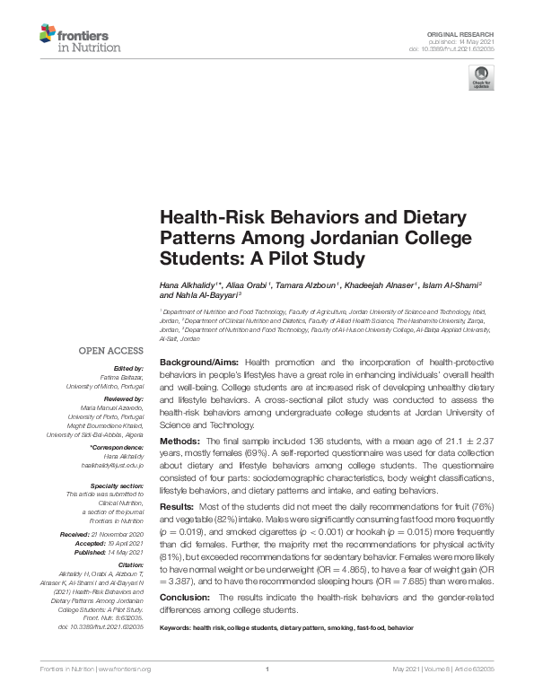 (PDF) Health-Risk Behaviors and Dietary Patterns Among Jordanian College Students: A Pilot Study