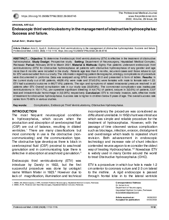 (PDF) Endoscopic third ventriculostomy in the management of obstructive ...