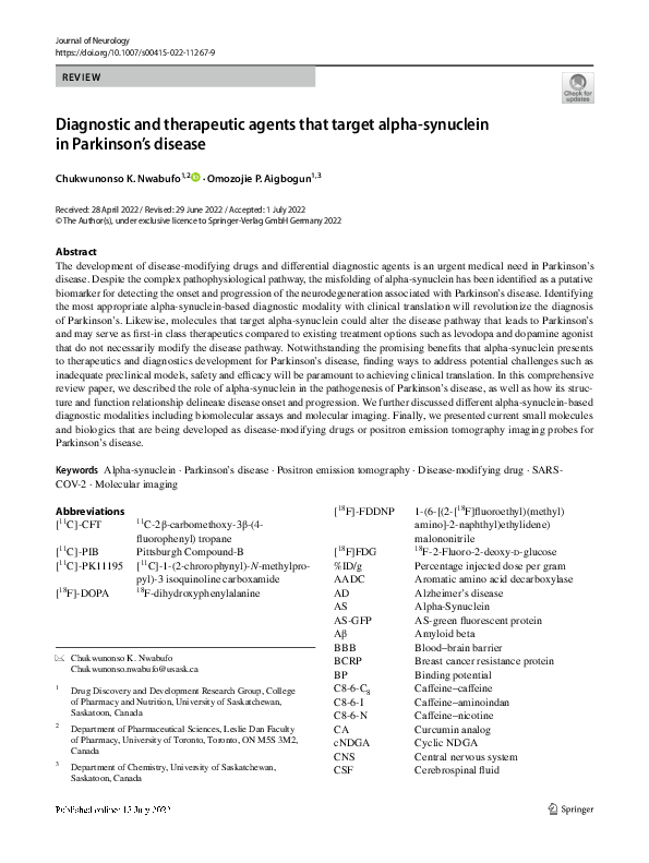 (PDF) Diagnostic and therapeutic agents that target alpha-synuclein in Parkinson’s disease
