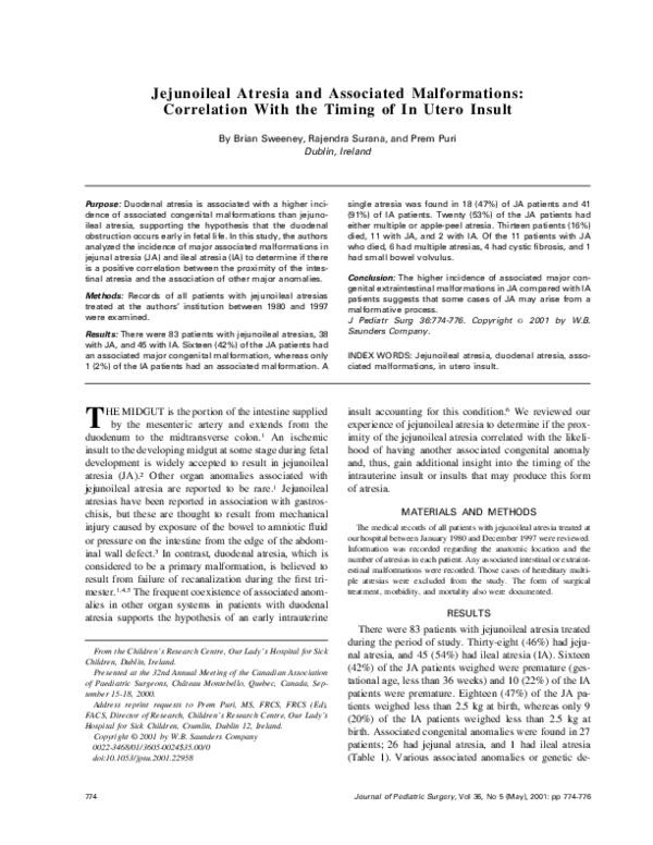 Pdf Jejunoileal Atresia And Associated Malformations Correlation With The Timing Of In Utero