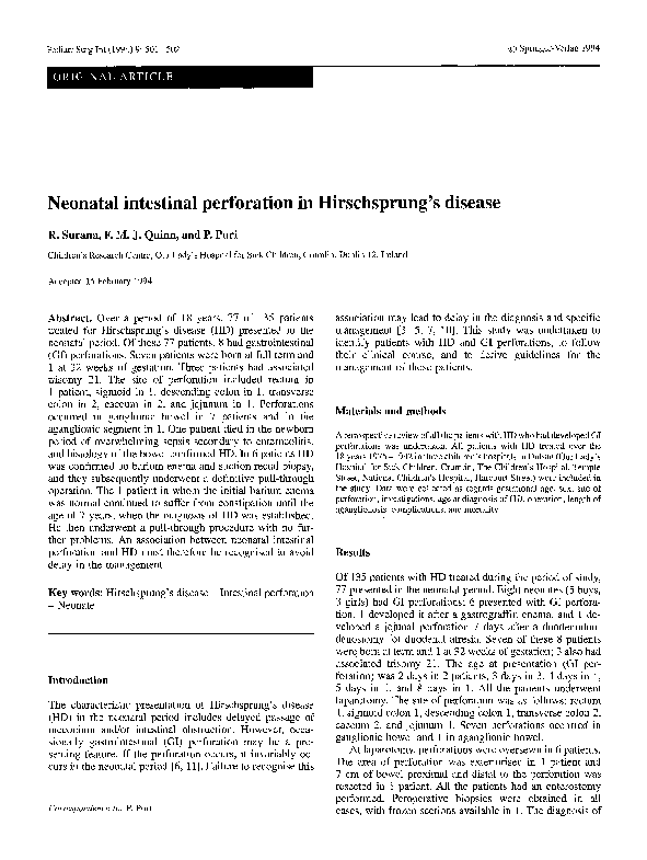 (PDF) Neonatal intestinal perforation in Hirschsprung's disease