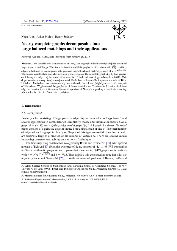 (PDF) Nearly complete graphs decomposable into large induced matchings and their applications