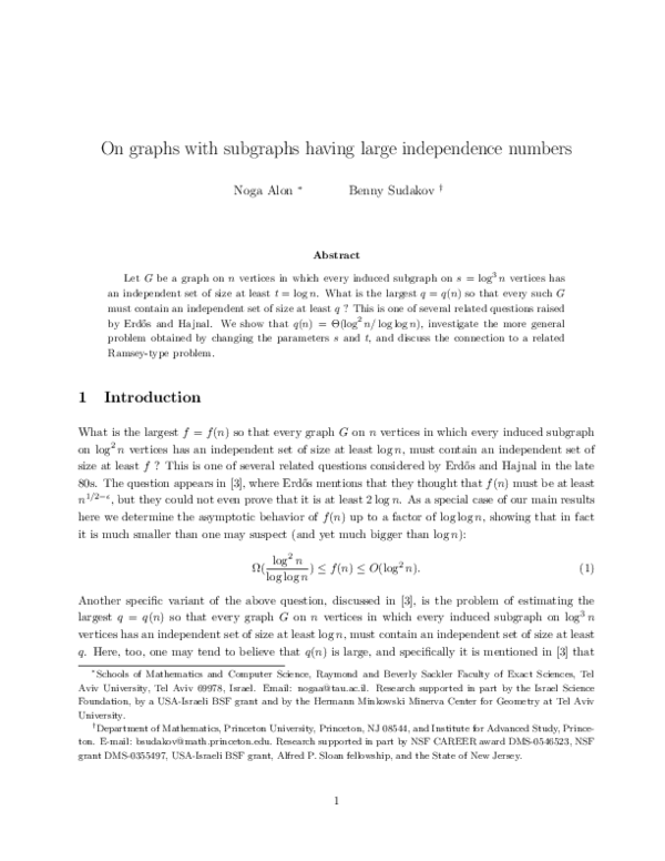 Pdf On Graphs With Subgraphs Having Large Independence Numbers Benjamin Sudakov