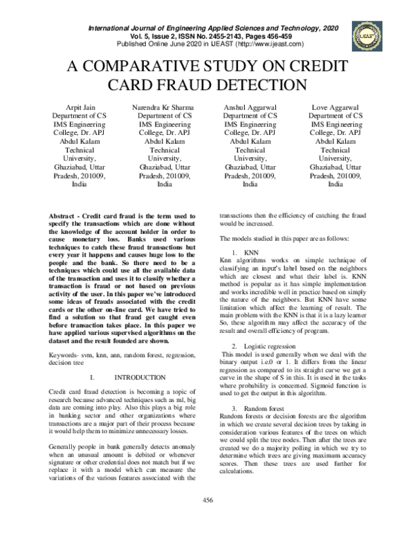 (PDF) A Comparative Study on Credit Card Fraud Detection