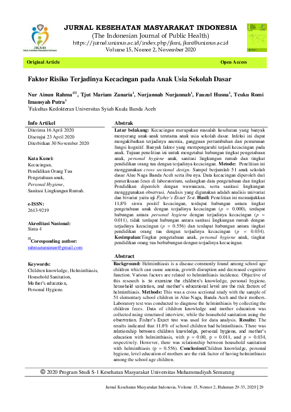 (PDF) Faktor Risiko Terjadinya Kecacingan pada Anak Usia Sekolah Dasar