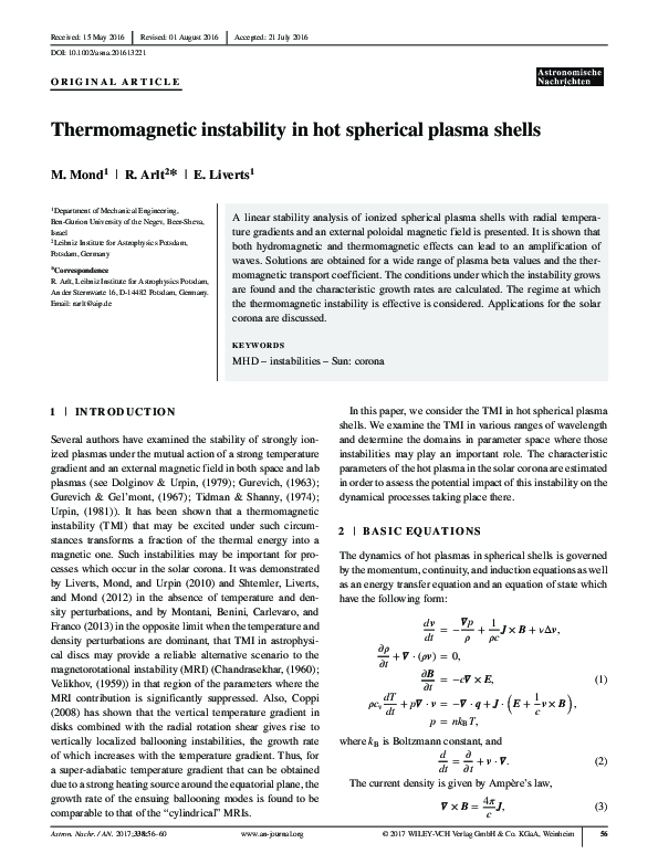 (PDF) Thermomagnetic Instability in Spherical Plasma Shells