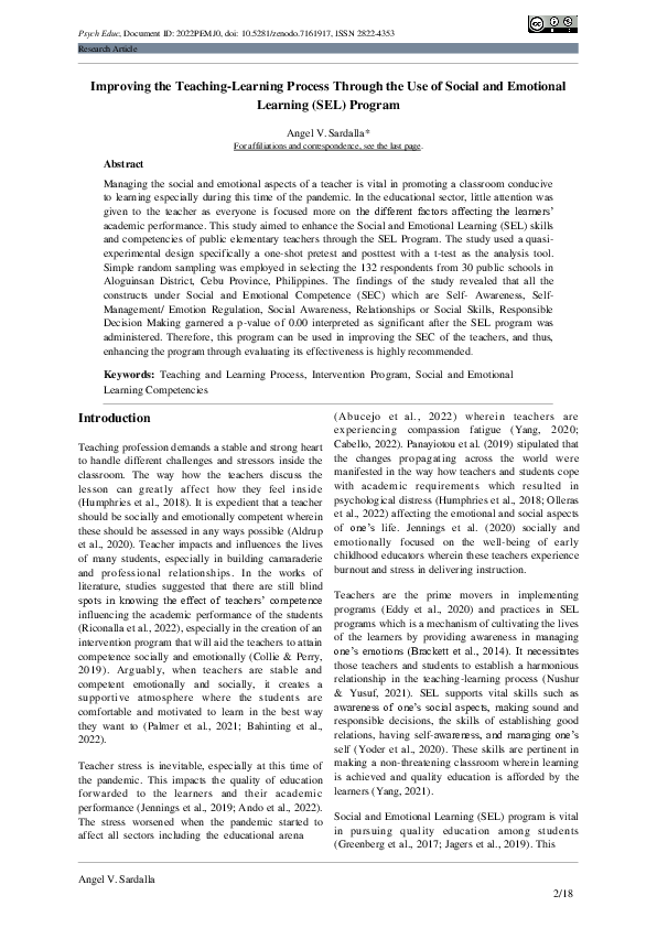 (PDF) Improving the Teaching-Learning Process Through the Use of Social and Emotional Learning ...